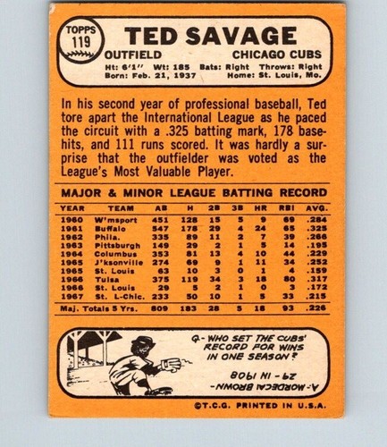 1968 TOPPS BASEBALL #119 TED SAVAGE MID GRADE JG | eBay