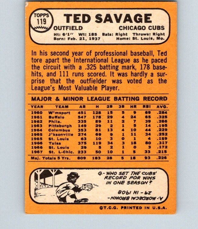 1968 TOPPS BASEBALL #119 TED SAVAGE MID GRADE JG | eBay