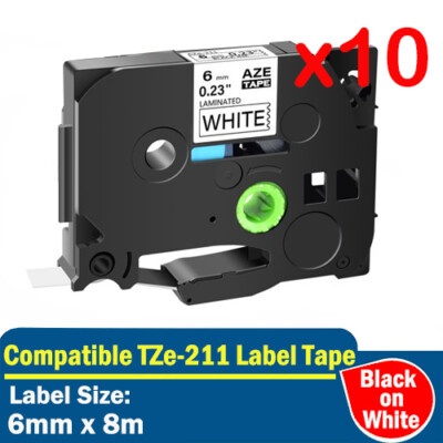 10 x Non-OEM TZe-211 Label Tape for Brother TZ-211 P-Touch Black on ...