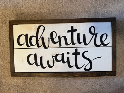 Decorative Wood Sign Adventure Awaits Wording with Scripted Calligraphy ...