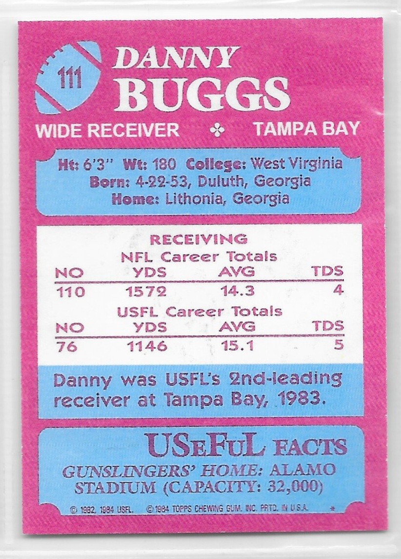 Danny Buggs Signed 1984 USFL Custom Card Tampa Bay Bandits Gunslingers ...