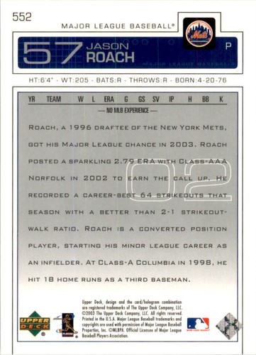 2004 Upper Deck 2003 Update #552 Jason Roach Rookie New York Mets ...