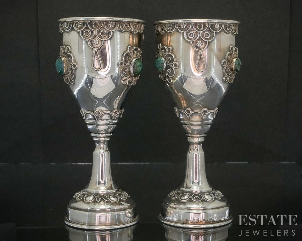 Sterling Silver Eilat Stone Israel Judaica Kiddush Cup Goblet Set 92g ...