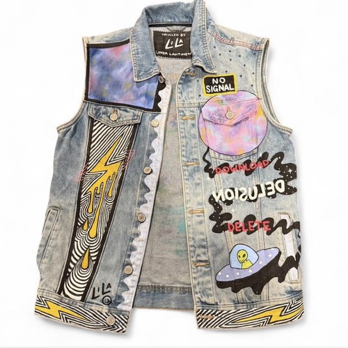 Upcycled Hand painted Denim Vest With Alien & Mercury Retrograde Theme ...