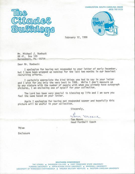 Tom Moore Signed 1986 Typed Letter Citadel Packers Vanderbilt | eBay