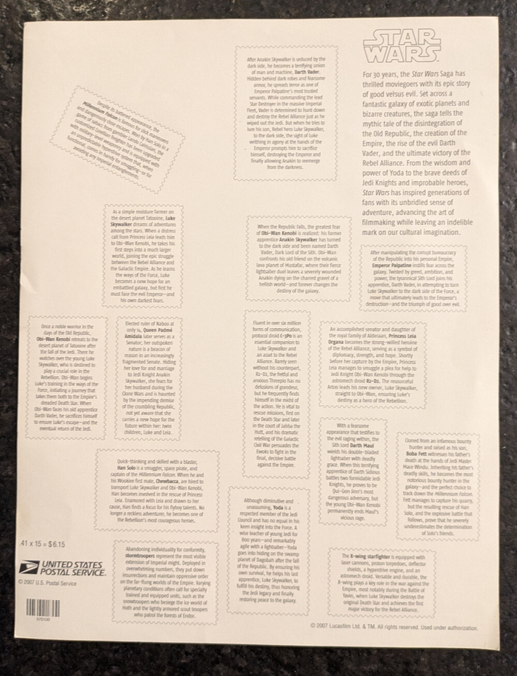 2007 30th Anniversary Set USPS Star Wars 41 cent Postage Stamp Sheet | eBay