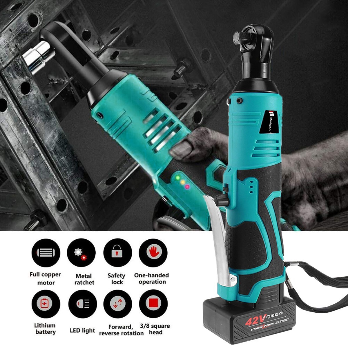 42V 3/8"&1/4" Electric Cordless Ratchet Wrench, 60 ft-lbs with 7 Socket ...