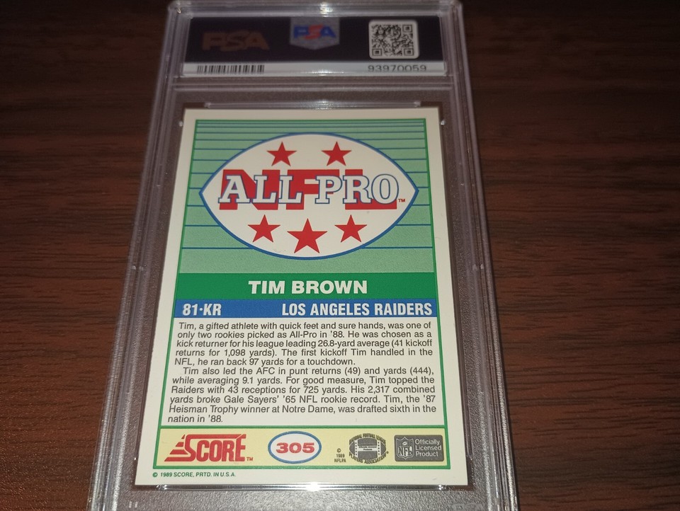 1989 Score #81-KR Tim Brown Rookie Card PSA 9 Mint Shows Lofton Raiders ...