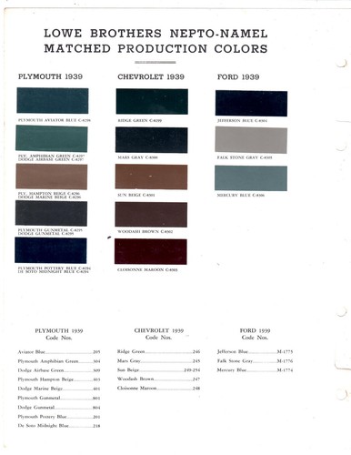 1939 FORD 1939 PLYMOUTH 1939 CHEVROLET 1939 DODGE RARE PAINT CHIPS LOWE ...