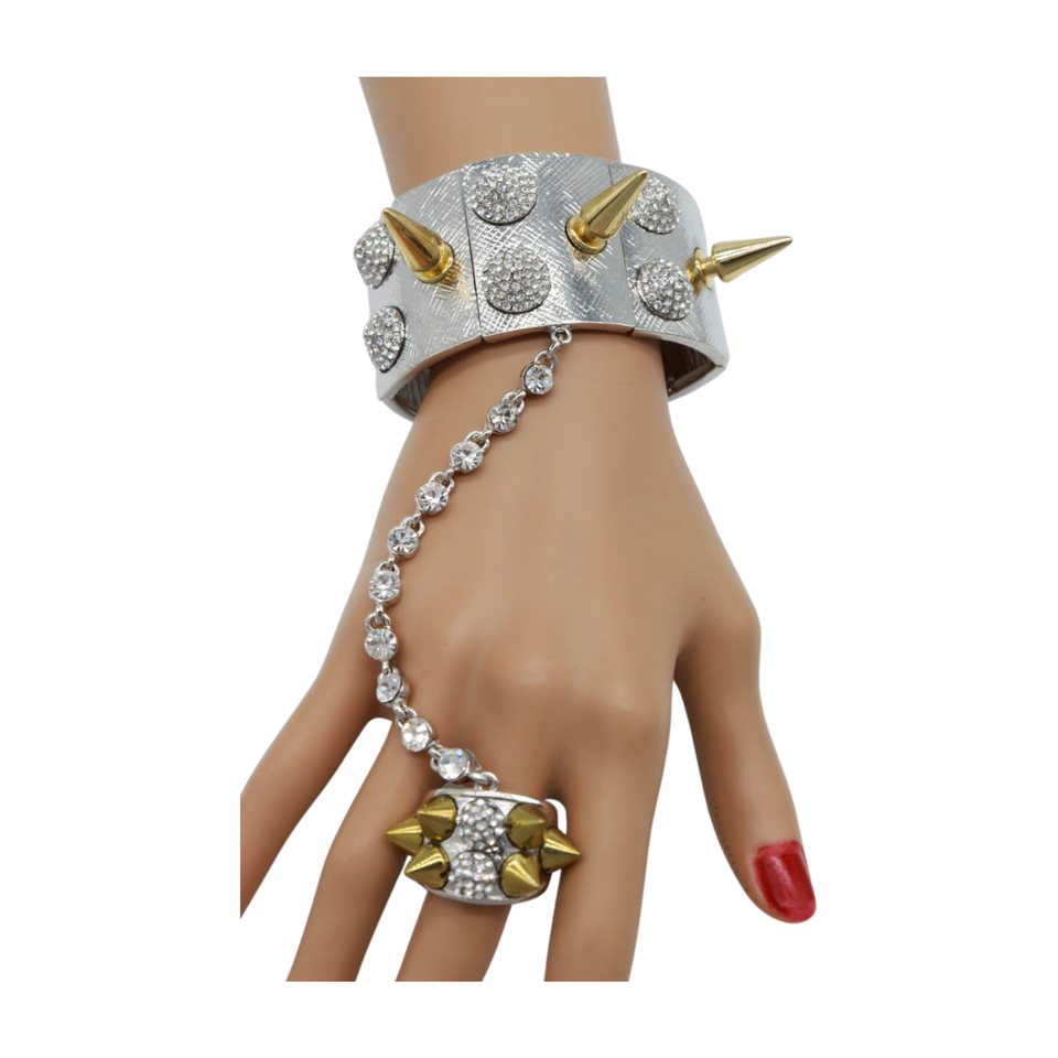 Women Silver Metal Hand Chain Gold Spike Bracelet Ring Special ...