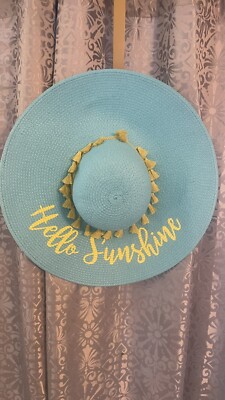 “Hello Sunshine” Women Wide Rim Sun Hat Light Blue Yellow Writing | eBay