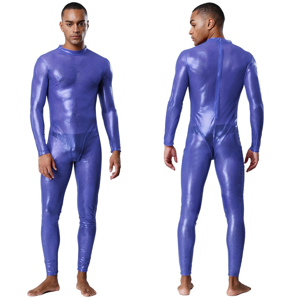 Mens Sheer Full Body Catsuit Bodysuit Nightwear Shiny Glossy Long ...