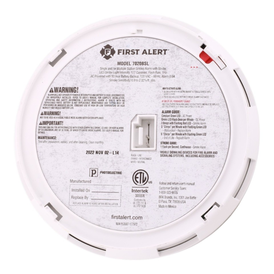 BRK 7020BSL 120V AC Photoelectric Smoke Alarm with LED Strobe and 10 ...