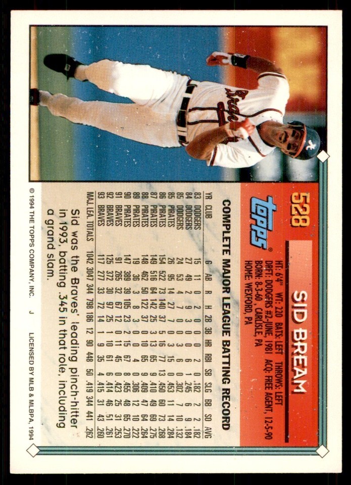1994 Topps Sid Bream Baseball Cards #528 | eBay