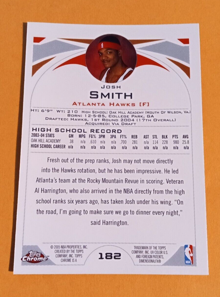2004-05 Topps Chrome Josh Smith Rookie RC #182 - Utah Jazz | eBay