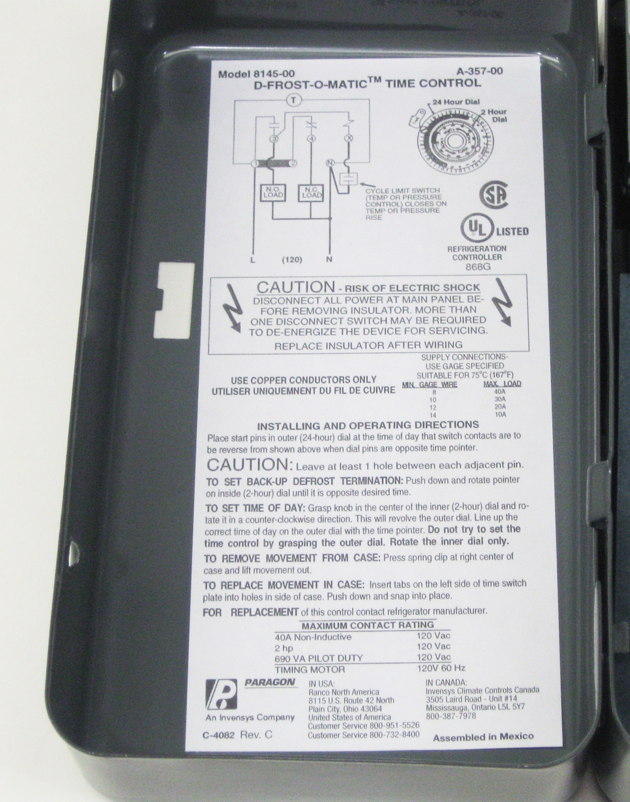 Paragon 8145-00 Defrost Control Commercial Refrigeration Timer ...