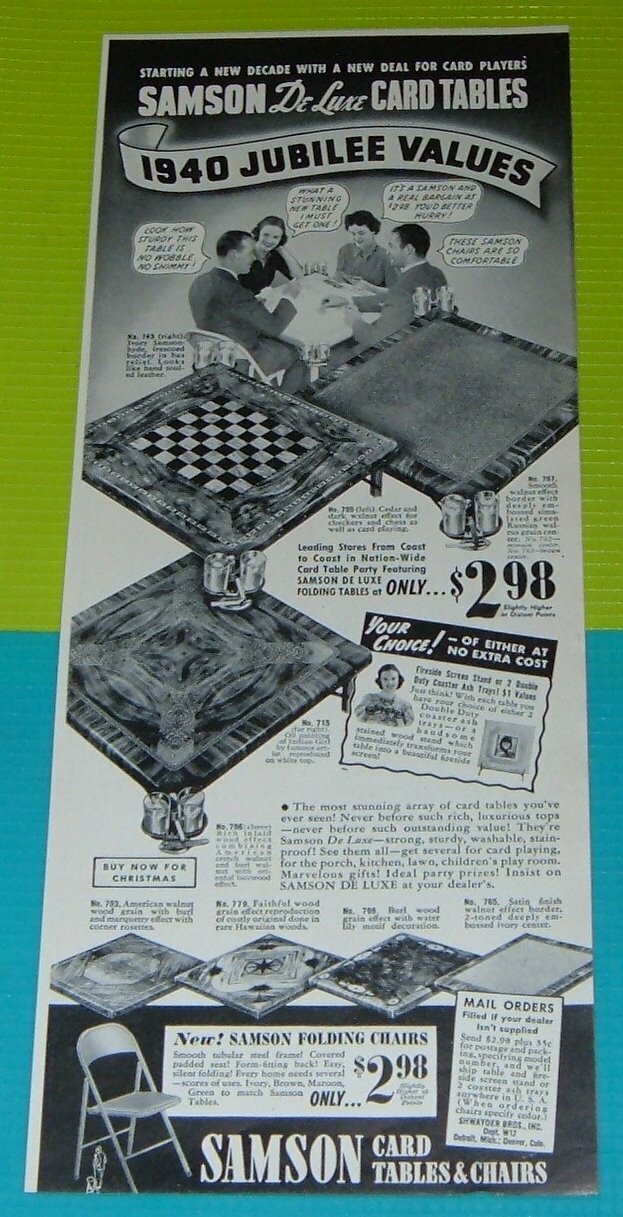 1939 PRINT AD~SAMSON CARD TABLES & CHAIRS GAME CHECKERS CHESS CARD ...