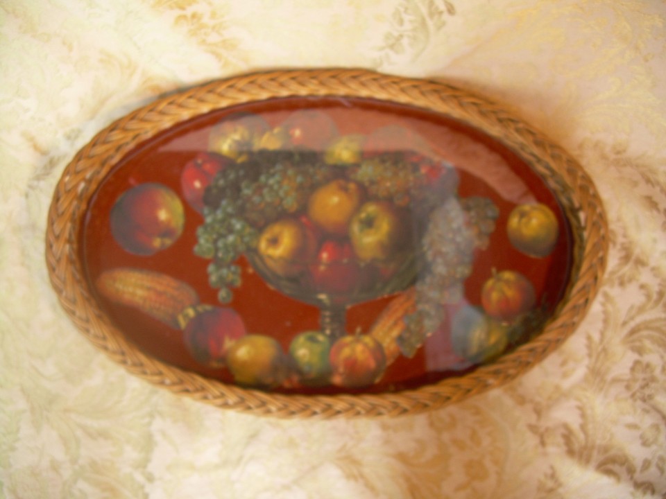VTG OVAL WICKER TRAY~CUSTOM DECOUPAGED FRUIT COMPOTE CENTER~UNDER GLASS ...