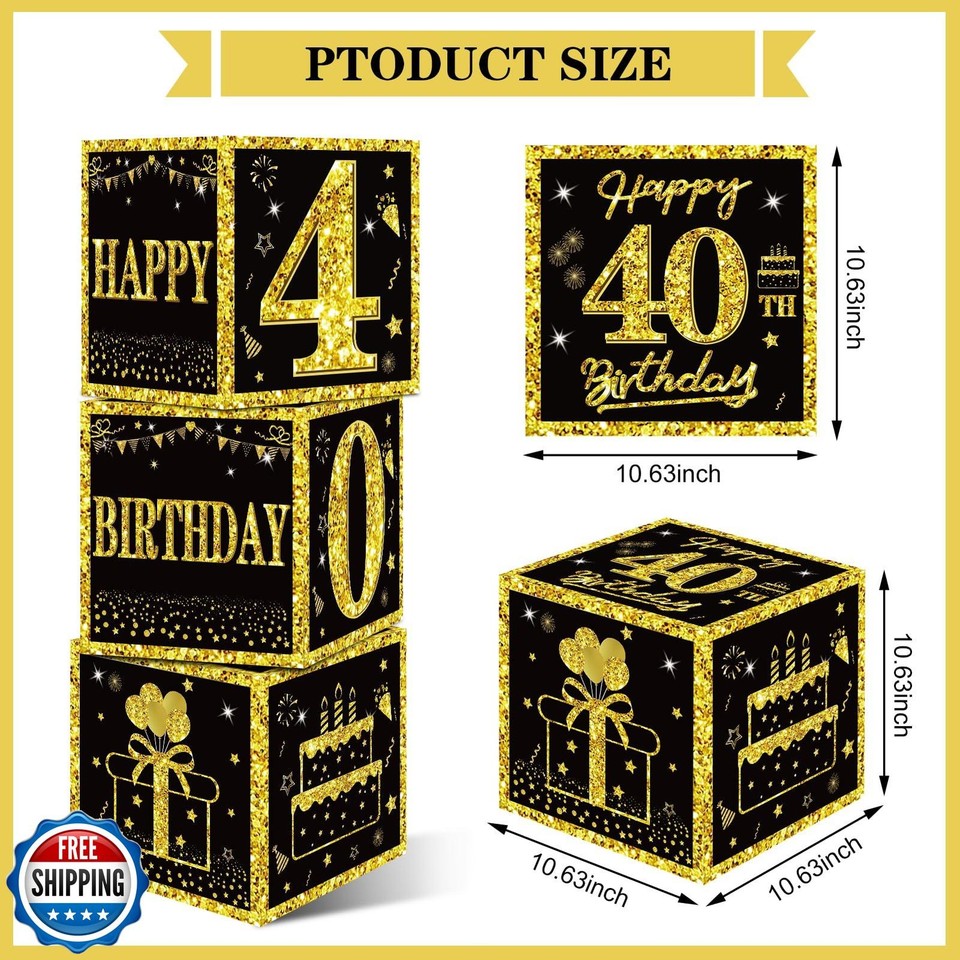 Eiurteao 3pcs 40th Birthday Decorations Boxes for Men Women, Black Gold ...