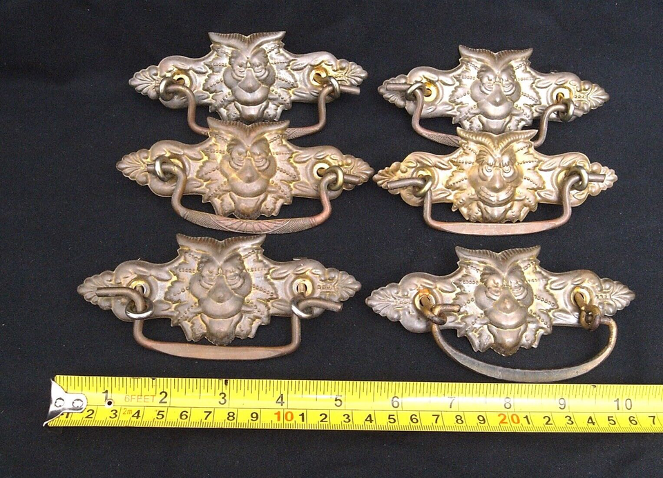 6 VINTAGE 1800's MATCHING PRESSED BRASS SATYR DRAWER PULLS w/ MOUNTING ...