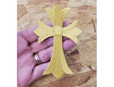 Cross - Heart - Gold Rayon - Chrome - Embroidered Iron On Patch - Denim ...