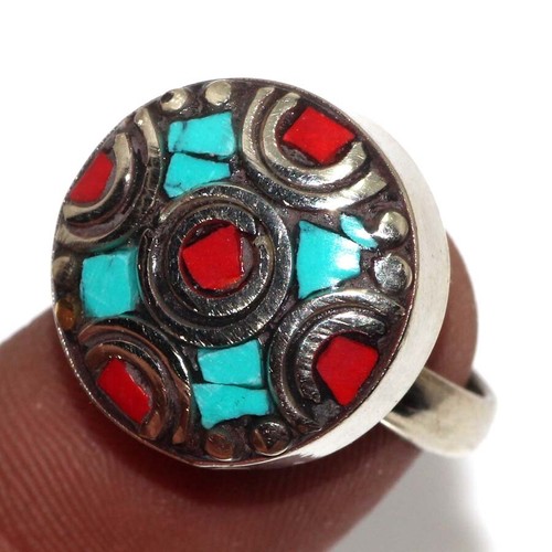 Tibetan Turquoise Red Coral Ring Handmade Gemstone Super Gift US Size 7 ...