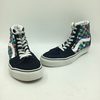 VANS Sz M 6.5 W 8 Sk8 Hi Checkerboard Black Suede Iridescent Metallic ...