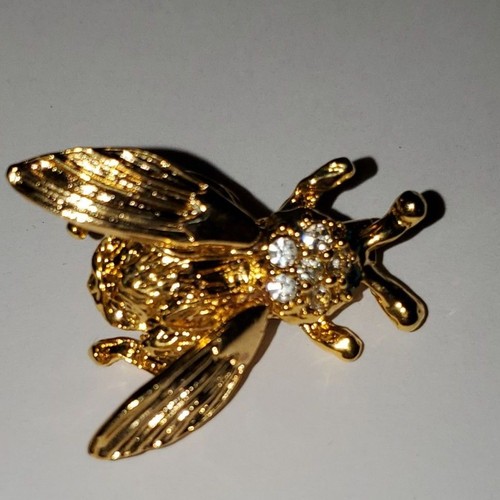 Articulated Bee Brooch Pin Gold Tone Rhinestone Costume Jewelry ...