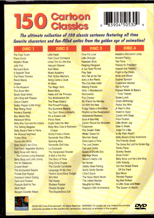 150 Cartoon Classics (DVD, 2006, 4-Disc Set) POPEYE Betty Boop Casper ...