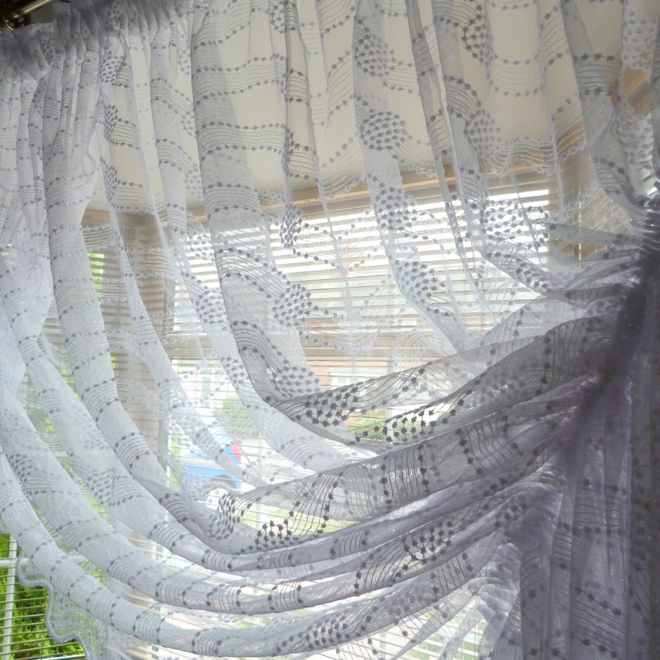Lace Embroidered Sheer Window Curtains 300x150cm Pull Strings WHITE ...