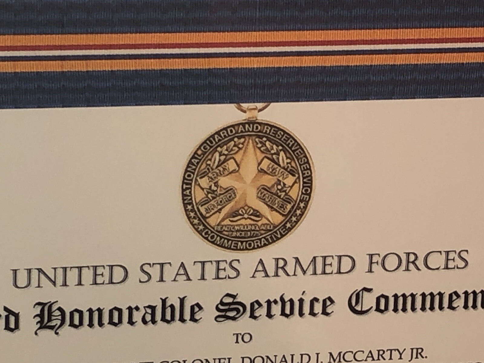 NATIONAL GUARD HONORABLE SERVICE COMMEMORATIVE MEDAL CERTIFICATE ~ Type ...