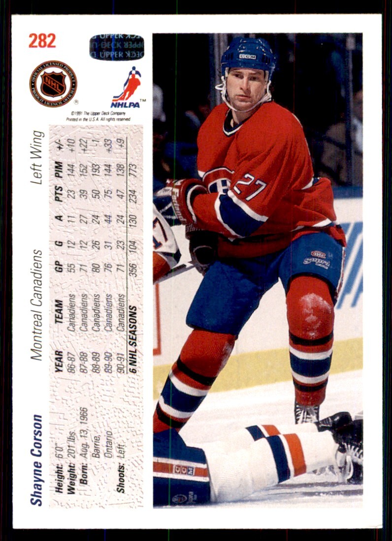 1991-92 Upper Deck Shayne Corson Montreal Canadiens #282 NHL Hockey ...