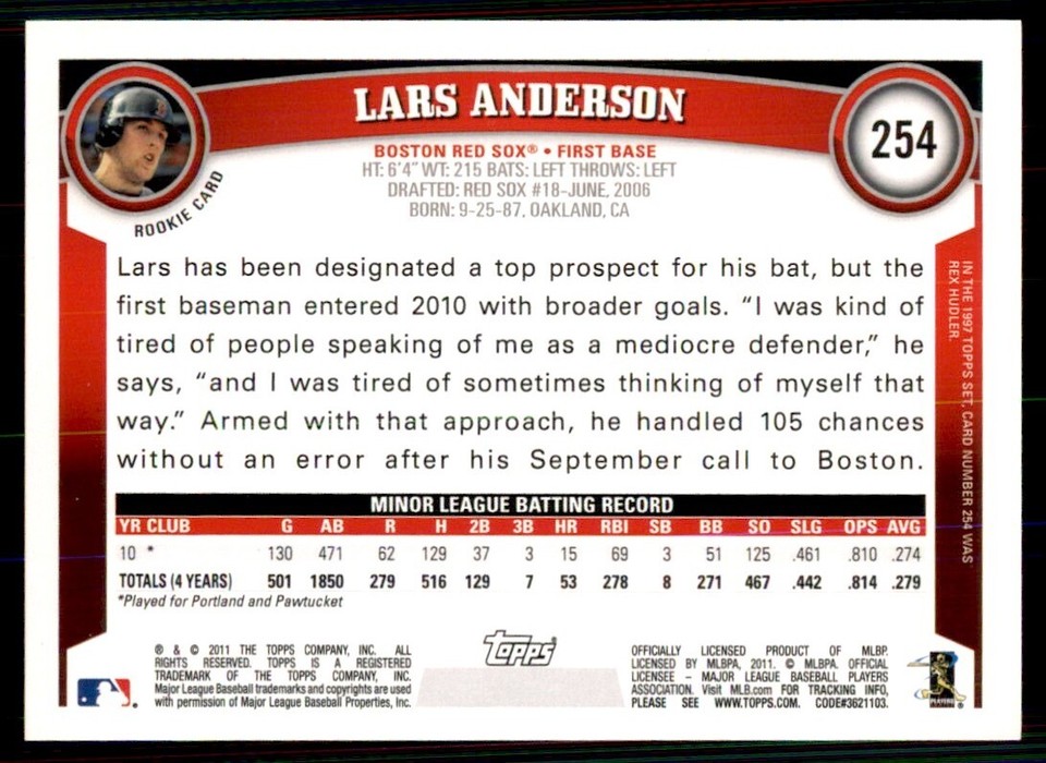 2011 Topps Lars Anderson Rookie Boston Red Sox #254 MLB Baseball Card ...