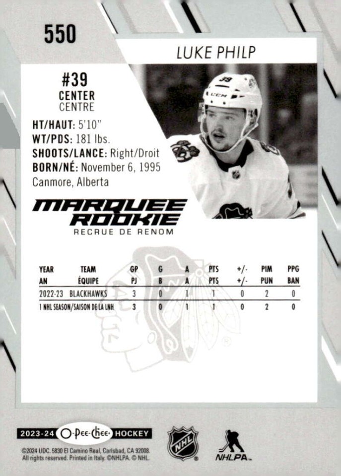 LUKE PHILP RC 2023-24 O-Pee-Chee Base #550 ROOKIE NHL Blackhawks ID ...