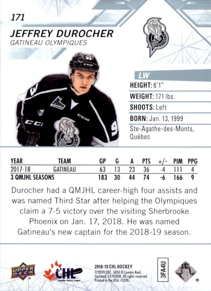 2018-19 Upper Deck CHL #171 Jeffrey Durocher | eBay