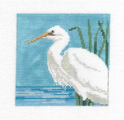 SP.ORDER ~ White Snowy Egret Coaster 4" Sq. HP Needlepoint Canvas Susan ...