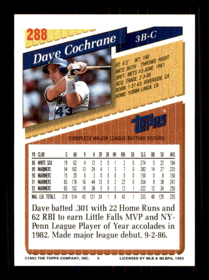 1993 Baseball Topps Dave Cochrane Seattle Mariners #288 | eBay