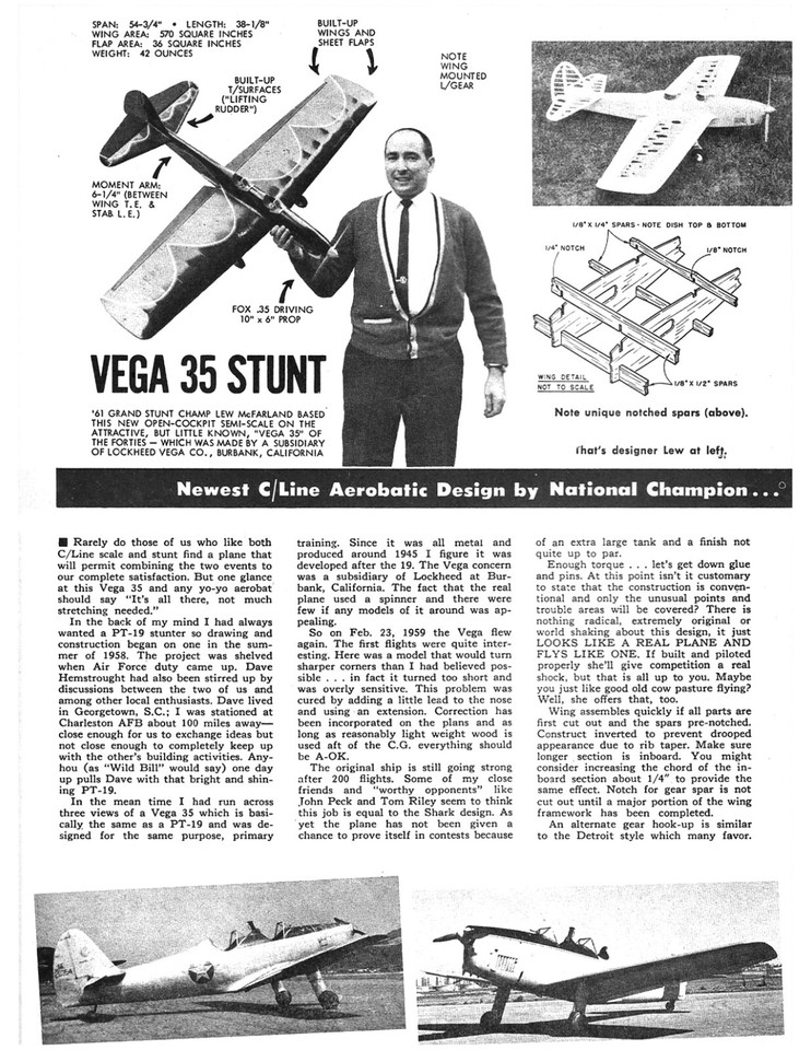 Model Airplane Plans (UC): Vega 35 55" Wingspan Stunt for .35 by Lew ...