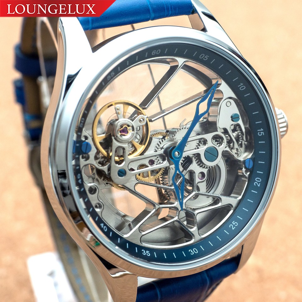 Mens Skeleton Bridge Movement Automatic Mechanical Watch Silver Blue ...