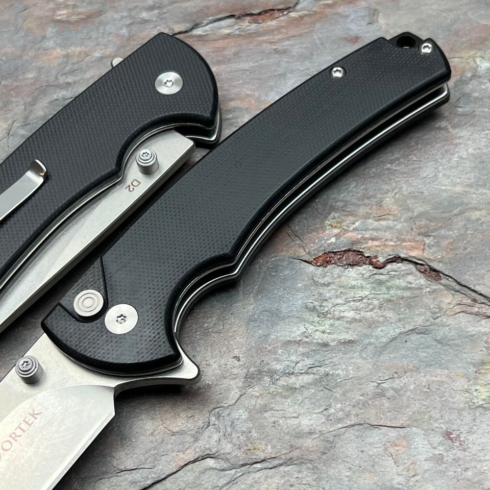 VORTEK SHROUD Black G10 Handles Button Lock D2 Flip Blade Folding ...