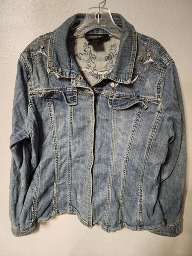 Brandon Thomas Womens Jean Denim Trucker Jacket Floral Embellished Size ...