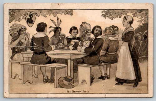 Thanksgiving Harvest Feast Pilgrims Mayflower Plymouth Native Postcard ...