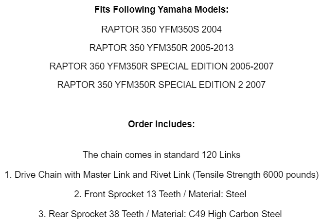 Black Drive Chain And Sprockets Kit for Yamaha Raptor 350 YFM350R 2004 ...