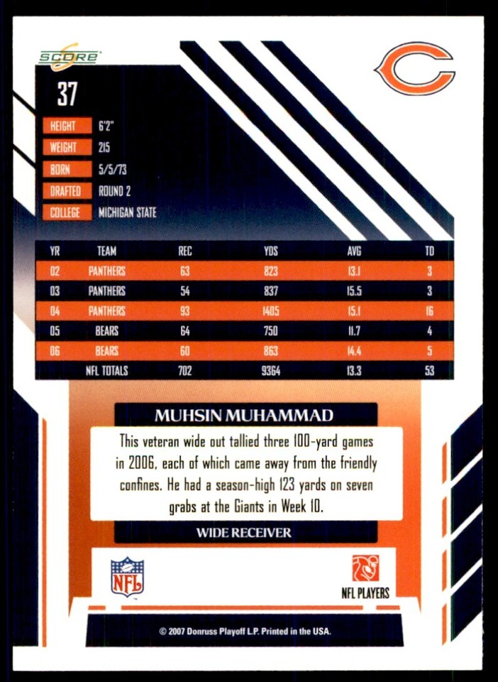 2007 SCORE MUHSIN MUHAMMAD CHICAGO BEARS #37 | eBay