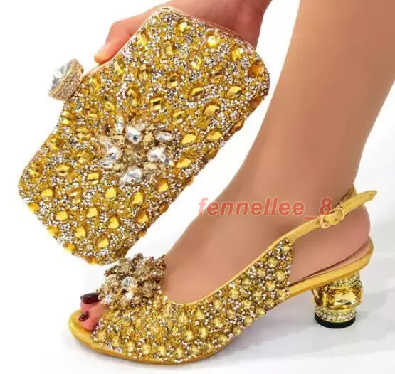 Women Rhinestones Shoes and Bag Set Shoes Sandals Mid 6 CM Luxury Party ...