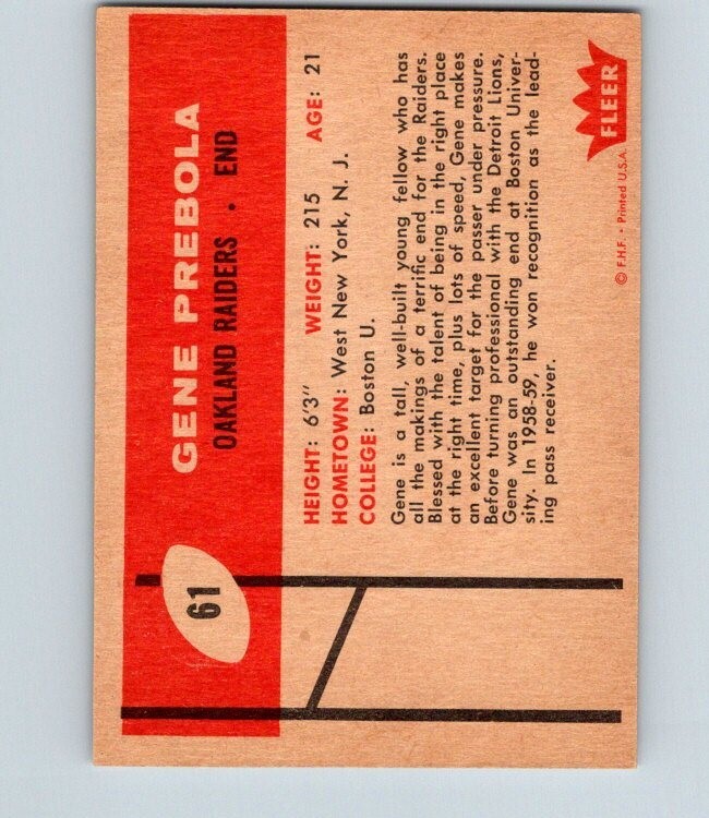 1960 FLEER FOOTBALL #61 GENE PREBOLA NRMT JS | eBay