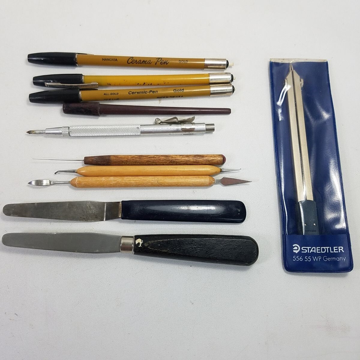 Lot 11 Clay Tools Palette Knife Drafting Compass Stylus Gold Pens ...