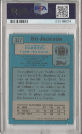 Bo Jackson 1988 Topps #327 Super Rookie Card Raiders PSA 9 MINT | eBay