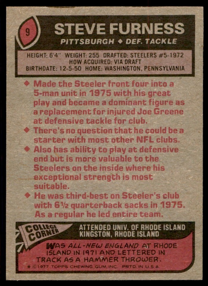 1977 Topps Steve Furness Football Card Pittsburgh Steelers #9 | eBay