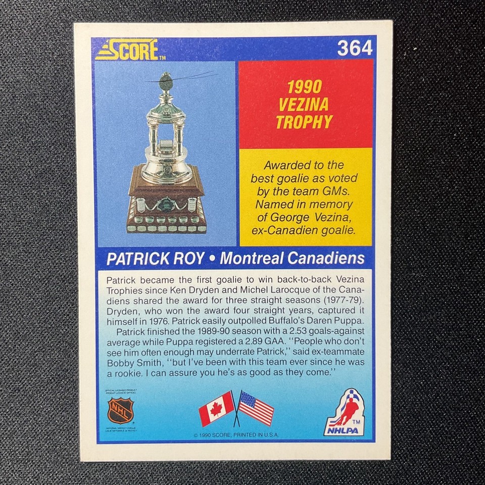 1990 Score Vezina Trophy - Patrick Roy - Montreal Canadiens | eBay